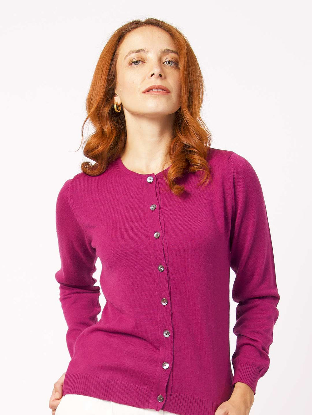 Cardigan em Malha Rosa Carmim com decote redondo - Lã Merino